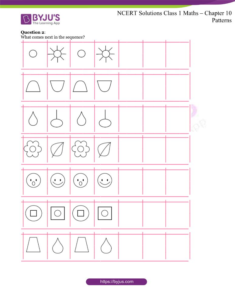 NCERT Solutions For Class 1 Maths Chapter 10 Patterns Solutions Free PDF