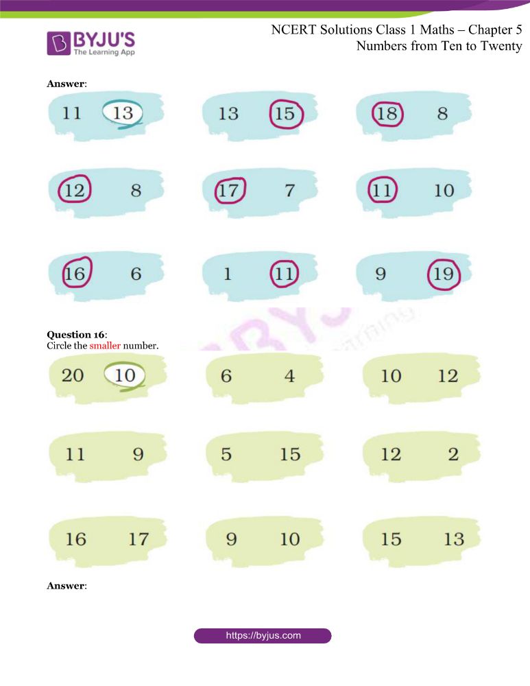 NCERT Solutions for Class 1 Maths Chapter 5 Numbers from Ten to Twenty PDF