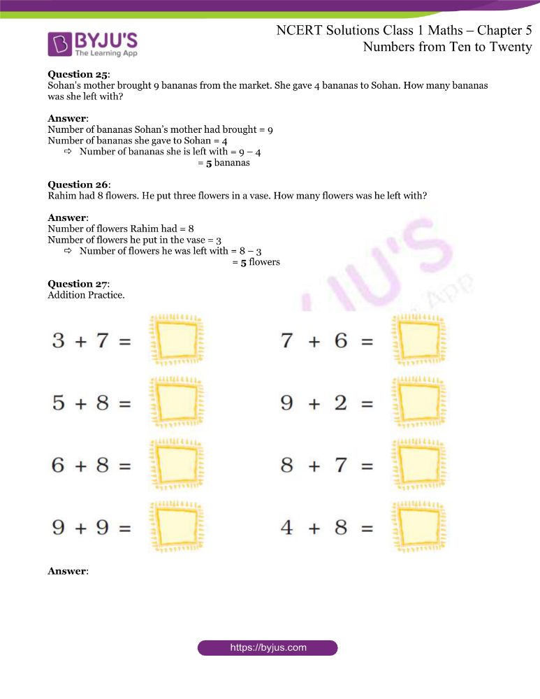 NCERT Solutions for Class 1 Maths Chapter 5 Numbers from Ten to Twenty PDF