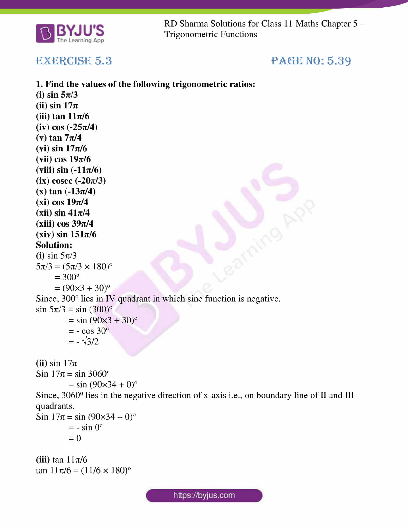 RD Sharma Solutions For Class 11 Chapter 5 Trigonometric Functions