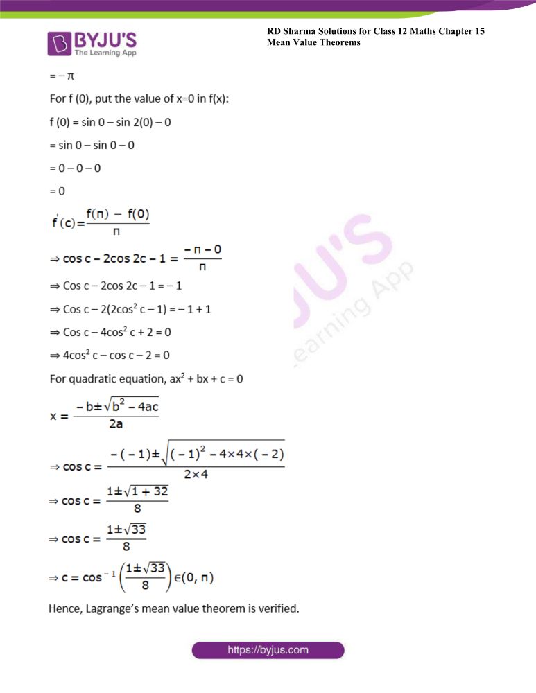 RD Sharma Solutions for Class 12 Maths Chapter 15 - Mean Value Theorems - Avail free PDF