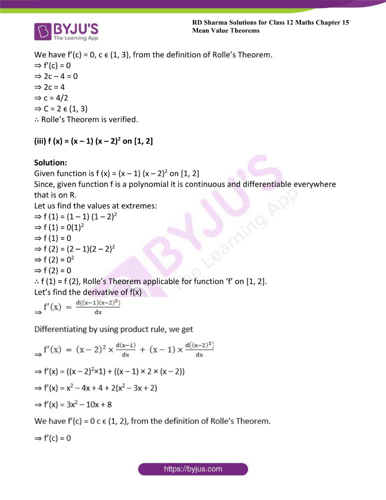 RD Sharma Solutions for Class 12 Maths Chapter 15 - Mean Value Theorems ...
