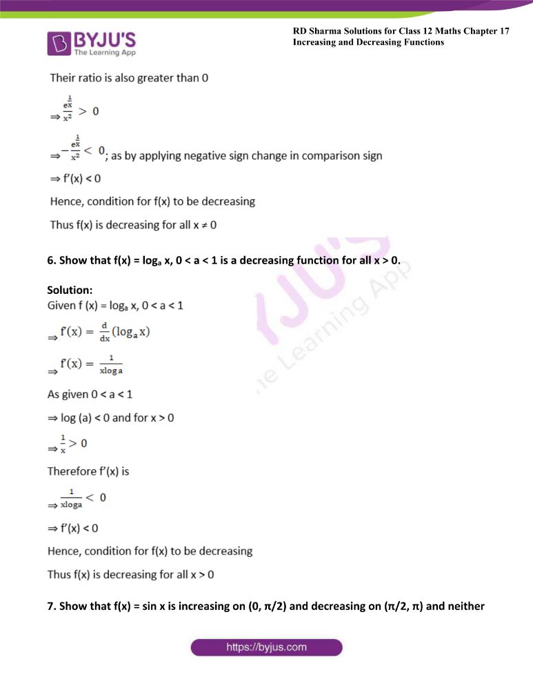RD Sharma Solutions for Class 12 Maths Chapter 17 - Increasing and Decreasing Functions ...