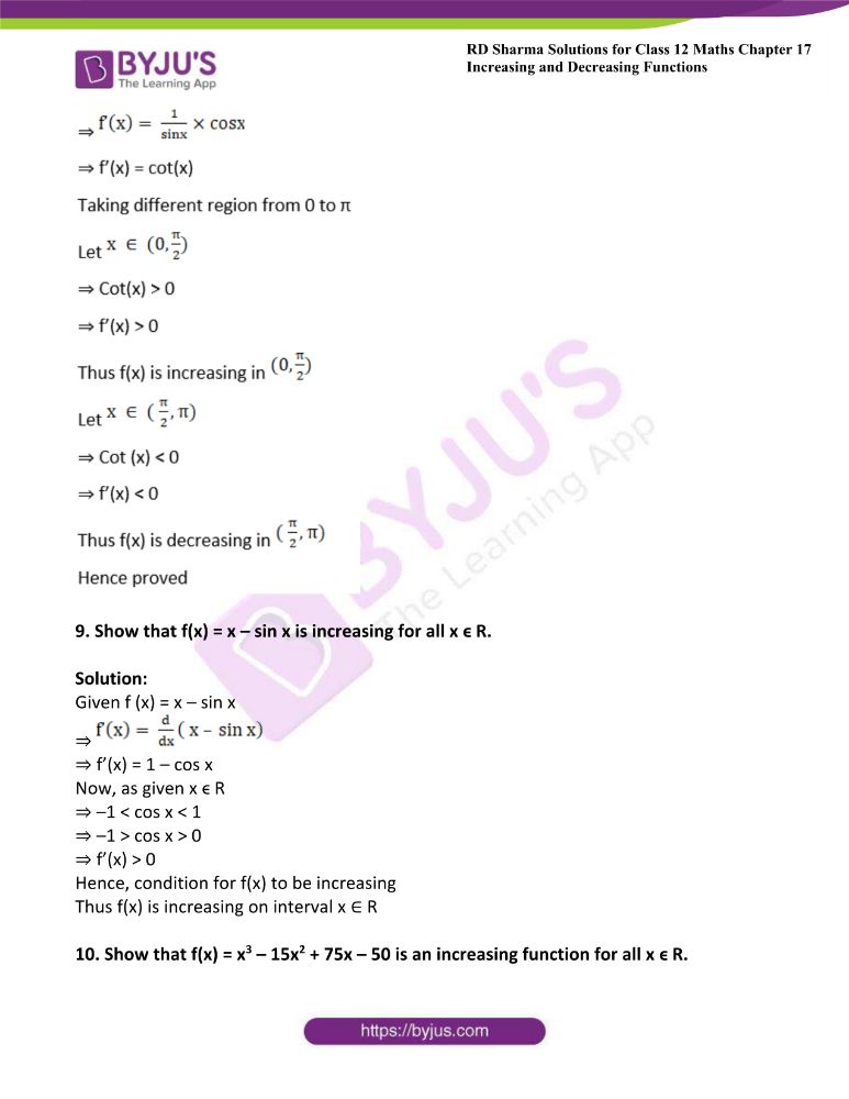 RD Sharma Solutions for Class 12 Maths Chapter 17 - Increasing and Decreasing Functions ...