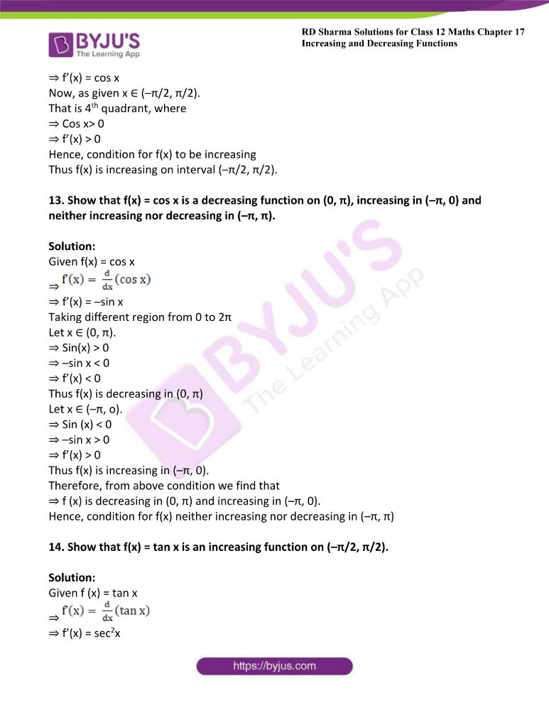 RD Sharma Solutions for Class 12 Maths Chapter 17 - Increasing and Decreasing Functions ...