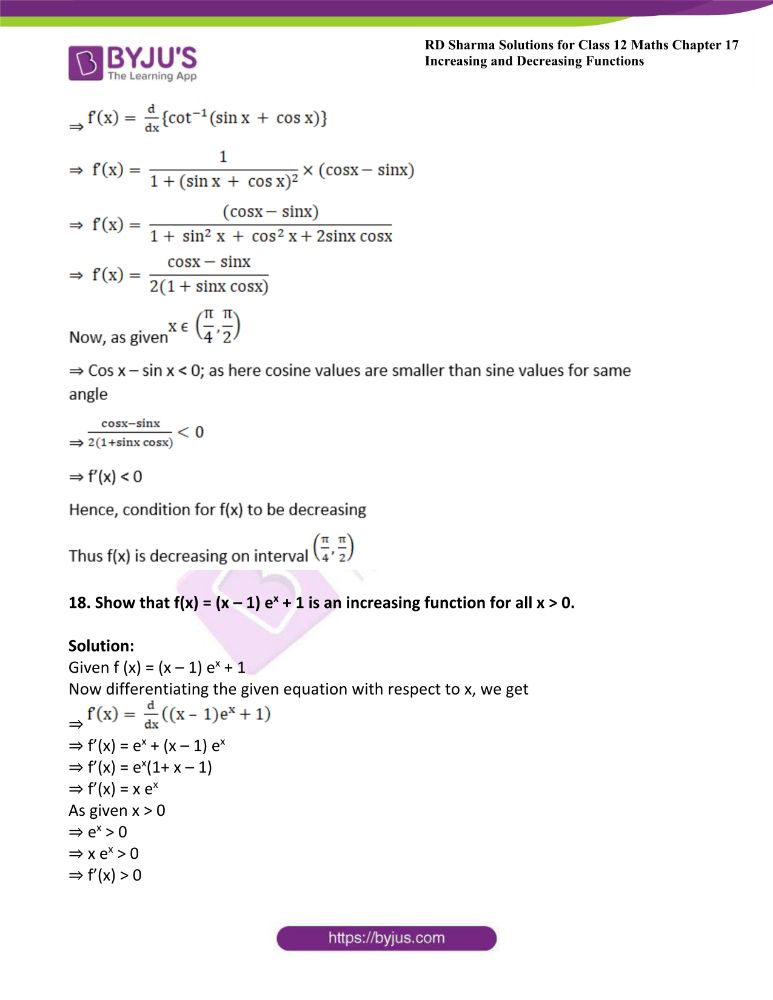 RD Sharma Solutions for Class 12 Maths Chapter 17 - Increasing and Decreasing Functions ...
