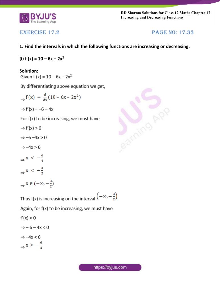 RD Sharma Solutions for Class 12 Maths Chapter 17 - Increasing and Decreasing Functions ...