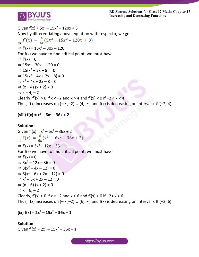 RD Sharma Solutions for Class 12 Maths Chapter 17 - Increasing and Decreasing Functions ...