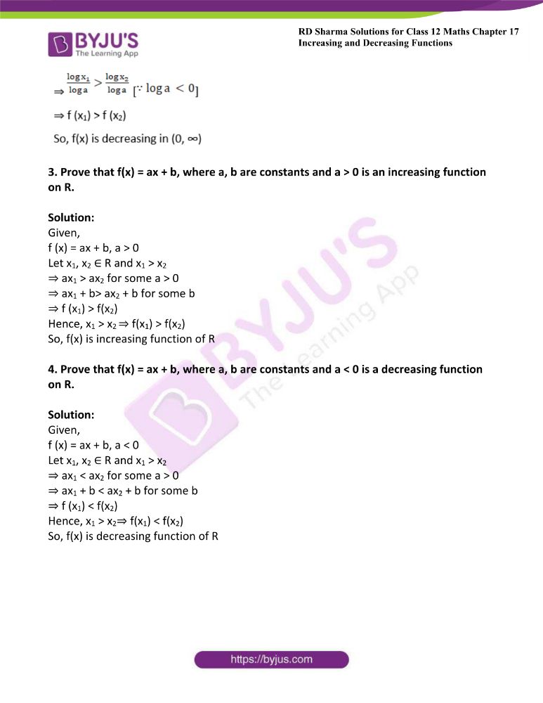 RD Sharma Solutions for Class 12 Maths Chapter 17 - Increasing and Decreasing Functions Exercise ...