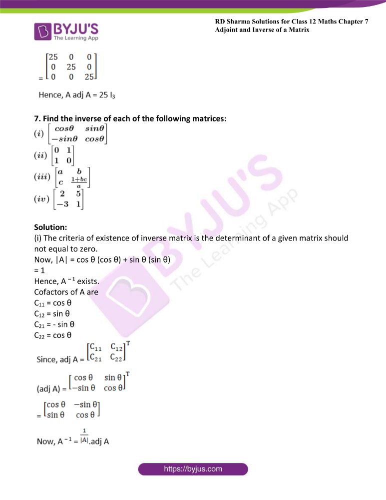 RD Sharma Solutions for Class 12 Maths Chapter 7 - Adjoint and Inverse ...