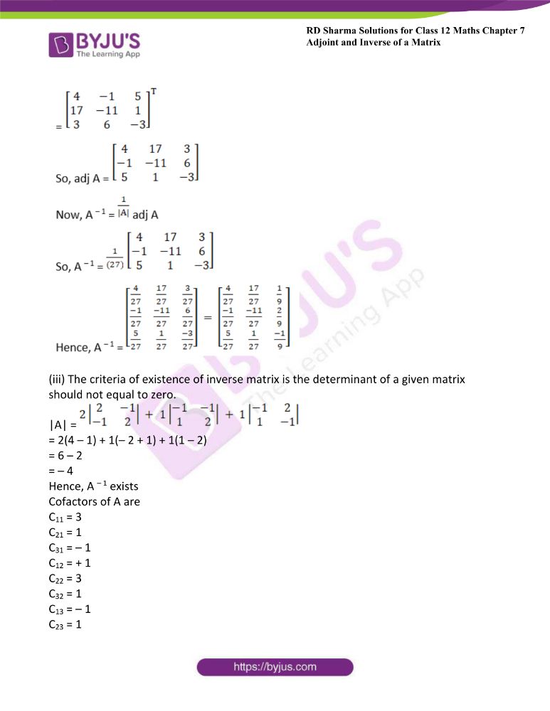 RD Sharma Solutions for Class 12 Maths Chapter 7 - Adjoint and Inverse ...