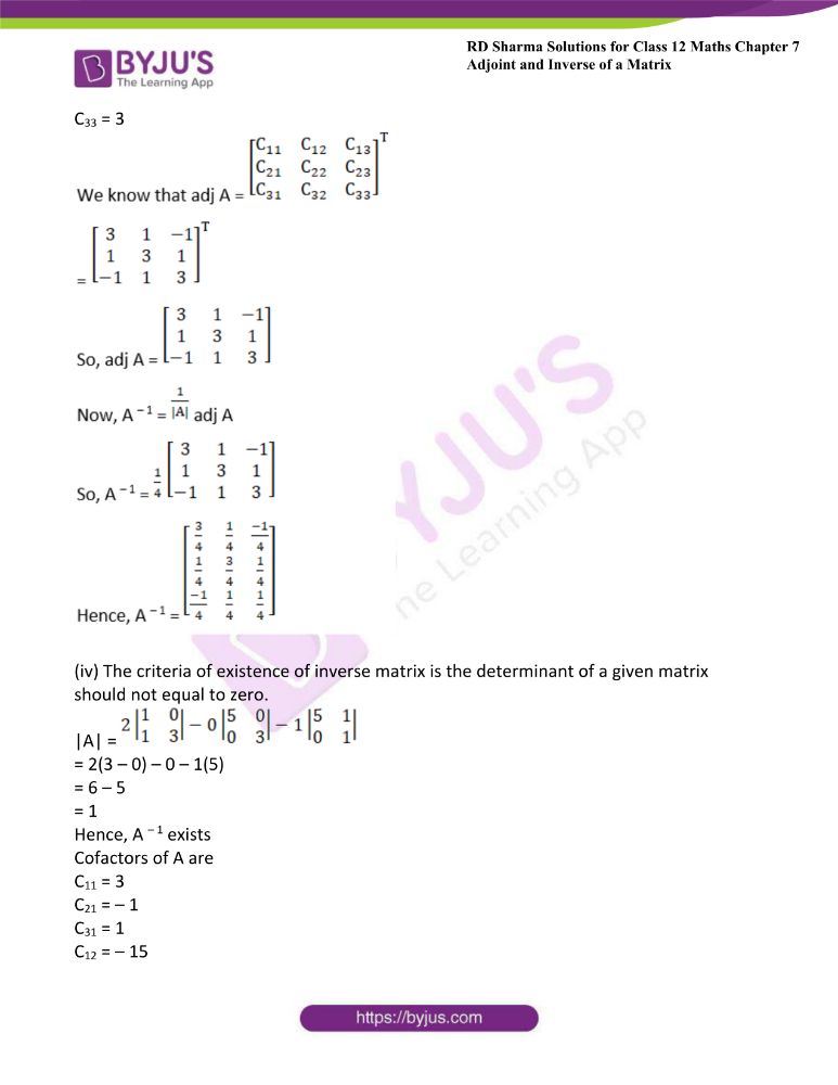 RD Sharma Solutions for Class 12 Maths Chapter 7 - Adjoint and Inverse ...