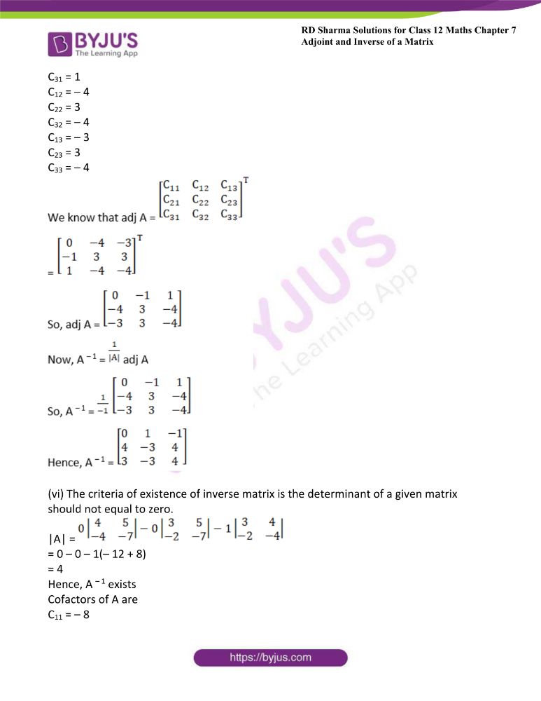 RD Sharma Solutions for Class 12 Maths Chapter 7 - Adjoint and Inverse ...
