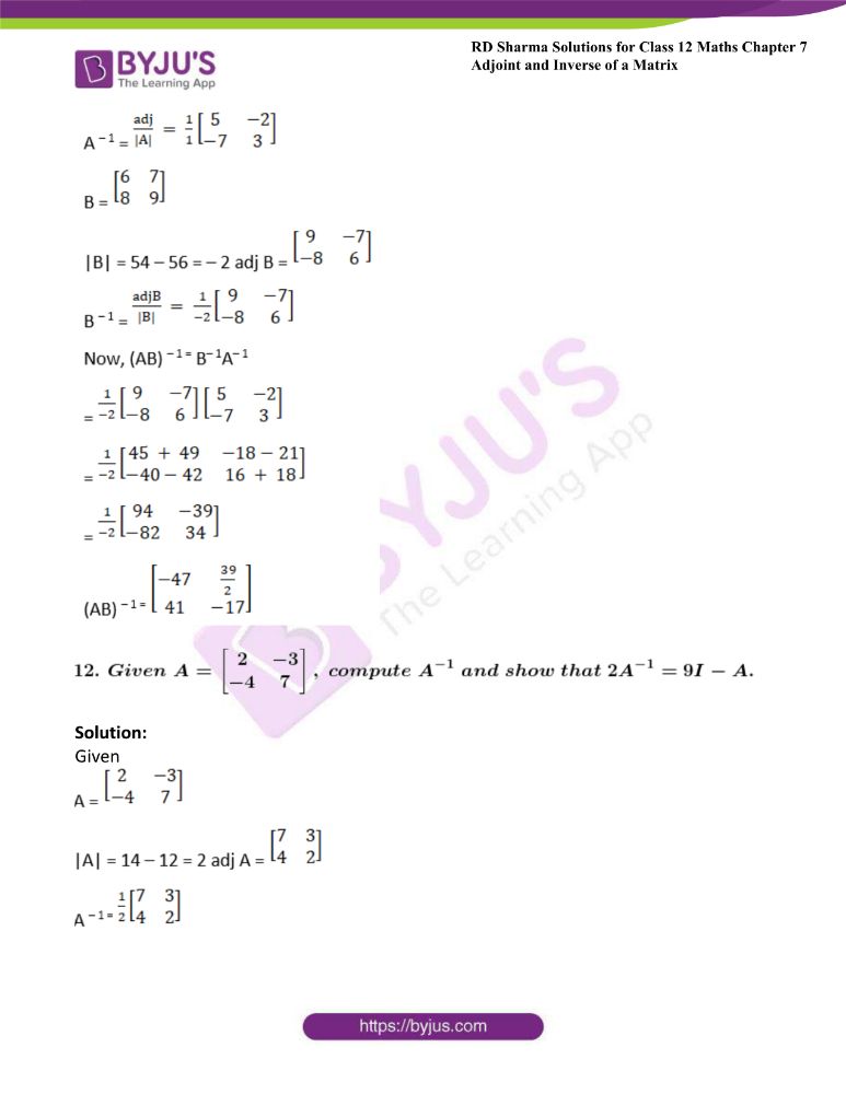 RD Sharma Solutions for Class 12 Maths Chapter 7 - Adjoint and Inverse ...