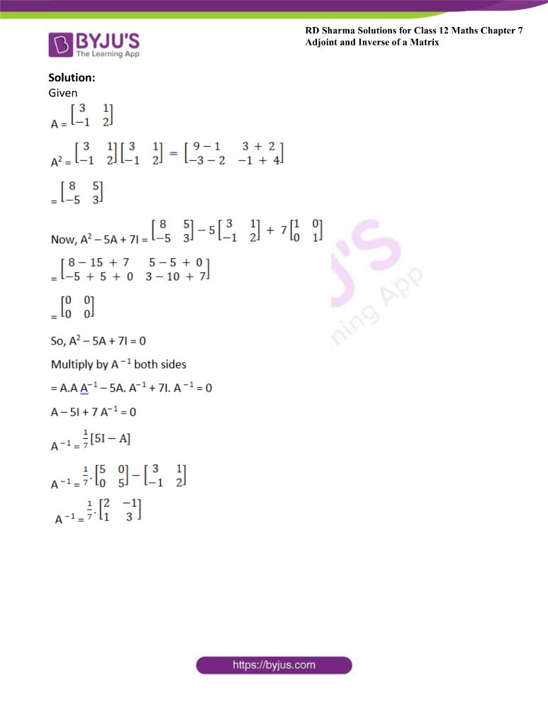 RD Sharma Solutions for Class 12 Maths Chapter 7 - Adjoint and Inverse ...