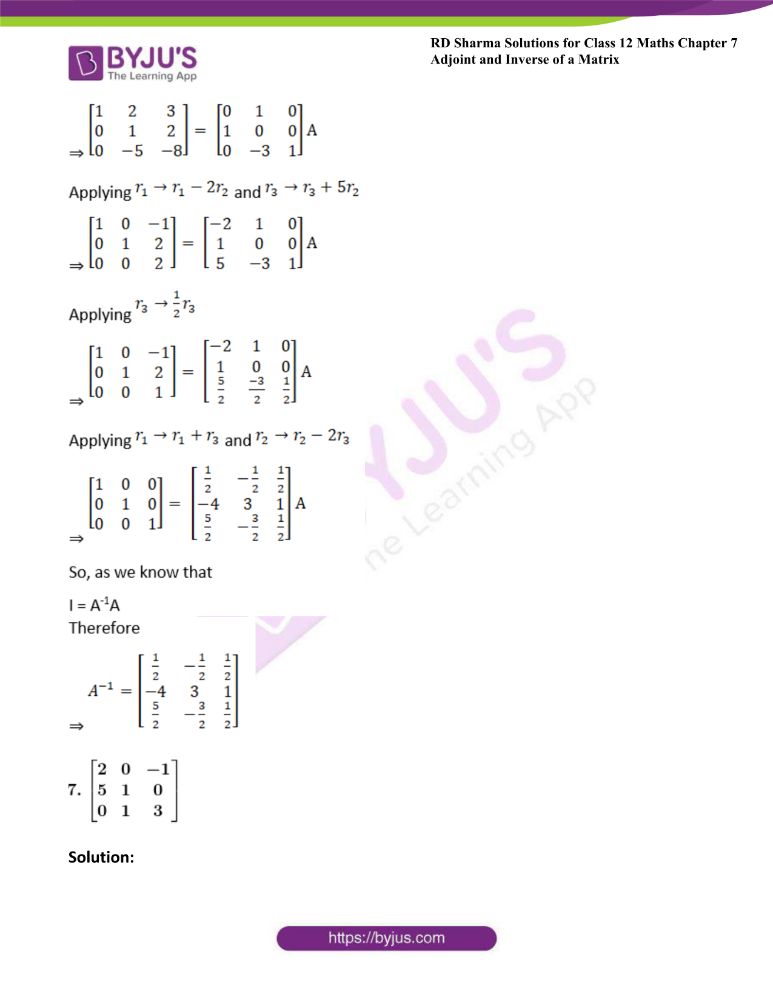 RD Sharma Solutions for Class 12 Maths Chapter 7 - Adjoint and Inverse ...