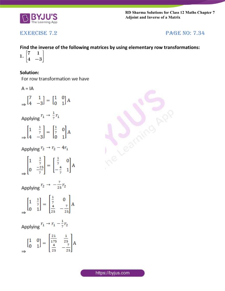 RD Sharma Solutions for Class 12 Maths Chapter 7 - Adjoint and Inverse ...