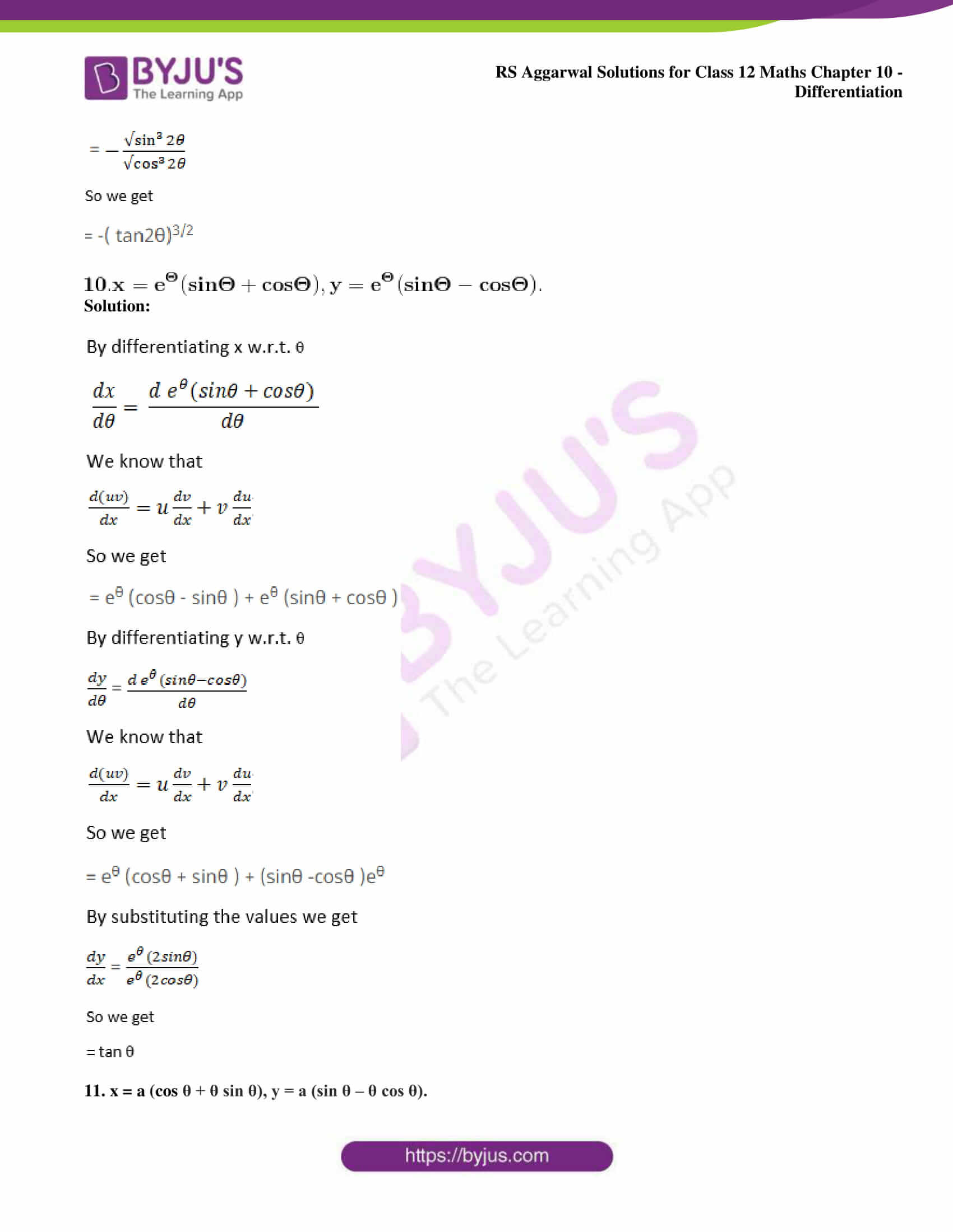 RS Aggarwal Solutions For Class 12 Chapter 10 Differentiation Exercise RS Aggarwal Solutions For Class 12 Chapter 10 Differentiation Exercise