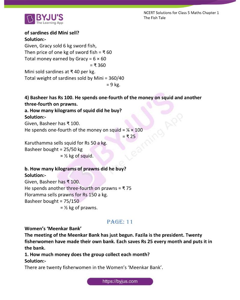 NCERT Solutions Class 5 Maths Chapter 1 The Fish Tale - Free Download