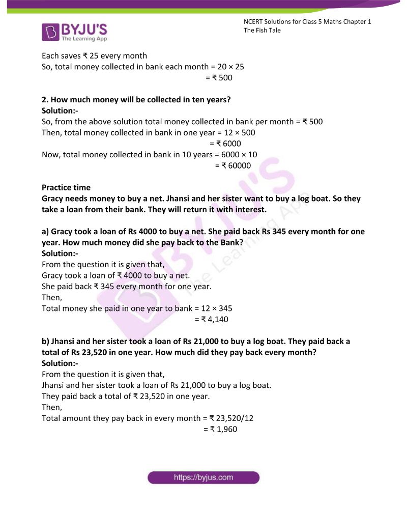 NCERT Solutions Class 5 Maths Chapter 1 The Fish Tale - Free Download