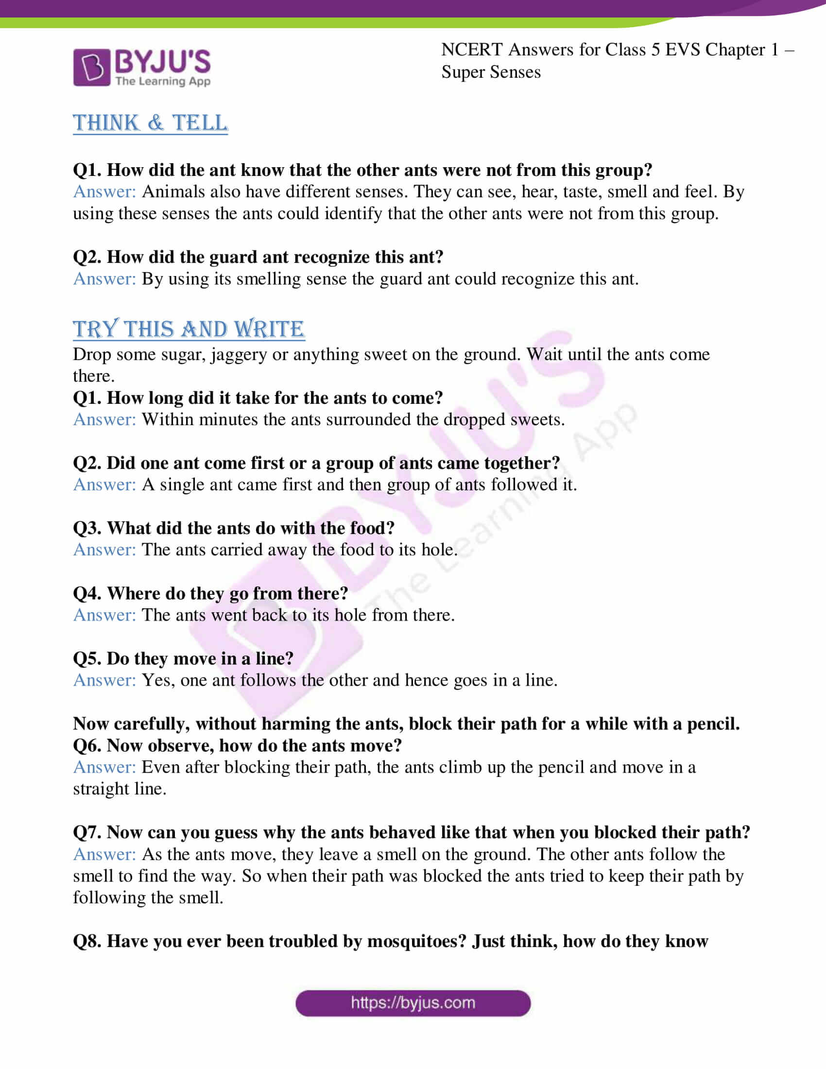 NCERT Solutions Class 5 EVS Chapter 1 Super Senses Download Free PDFs