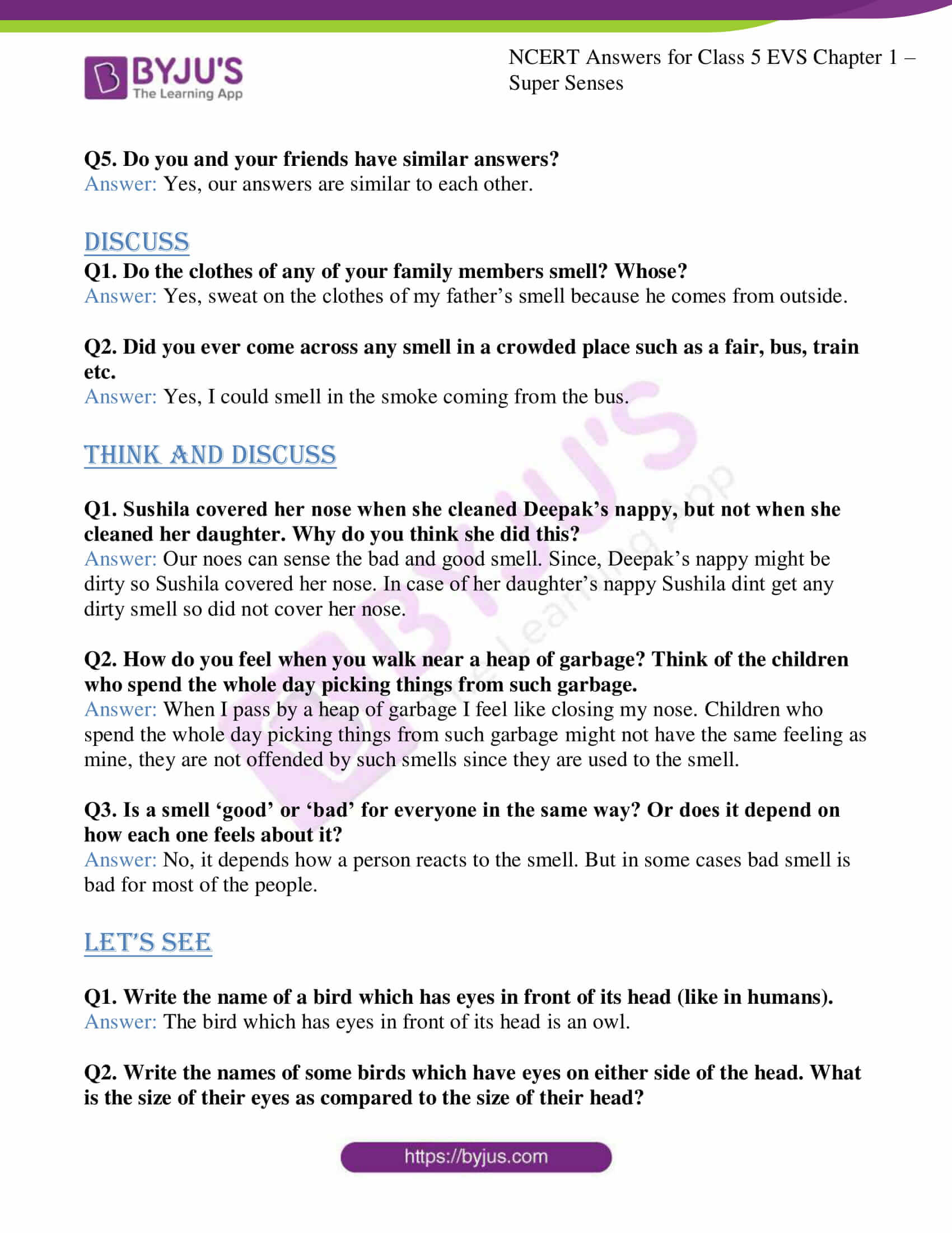 NCERT Solutions Class 5 EVS Chapter 1 Super Senses Download Free PDFs