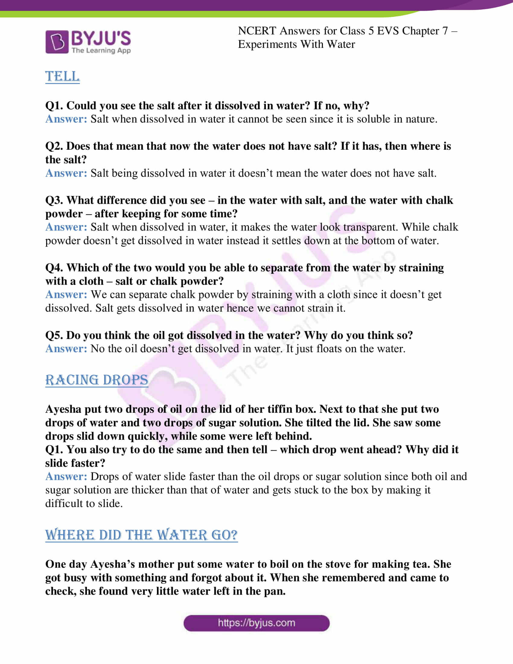 NCERT Solutions Class 5 EVS Chapter 7 Experiments With Water - Updated ...