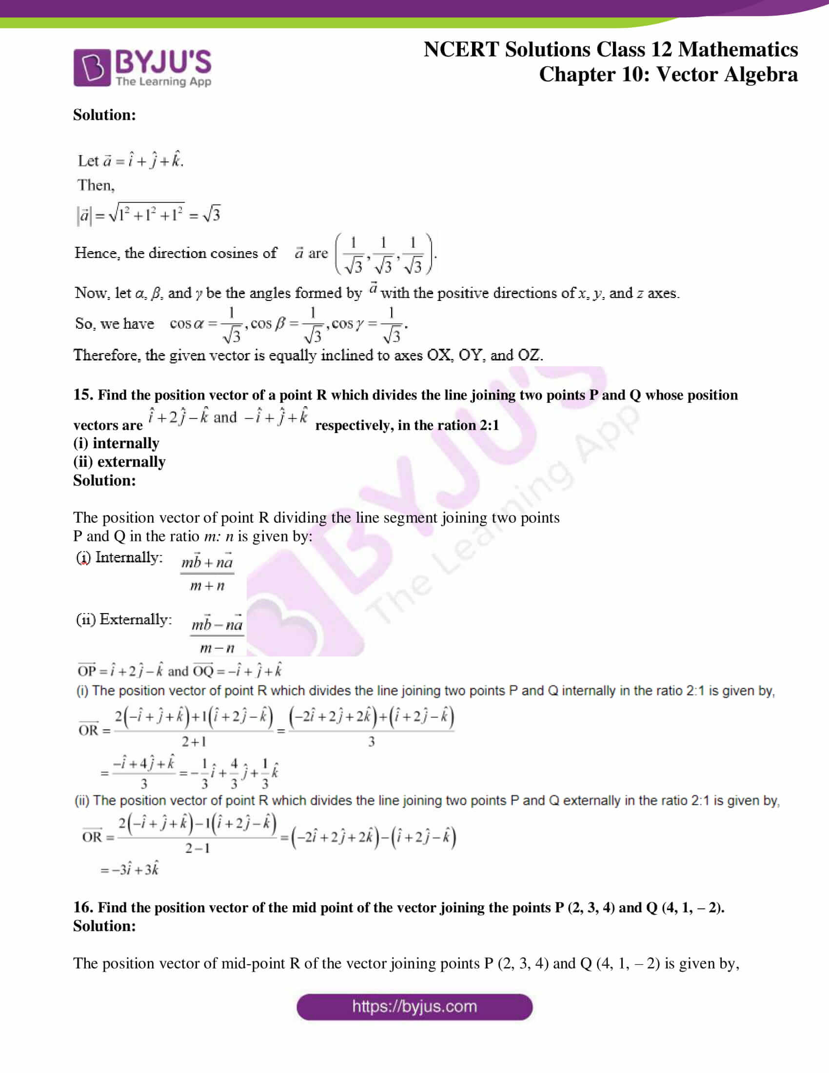 NCERT Solutions Class 12 Maths Chapter 10 Vector Algebra - Download Now