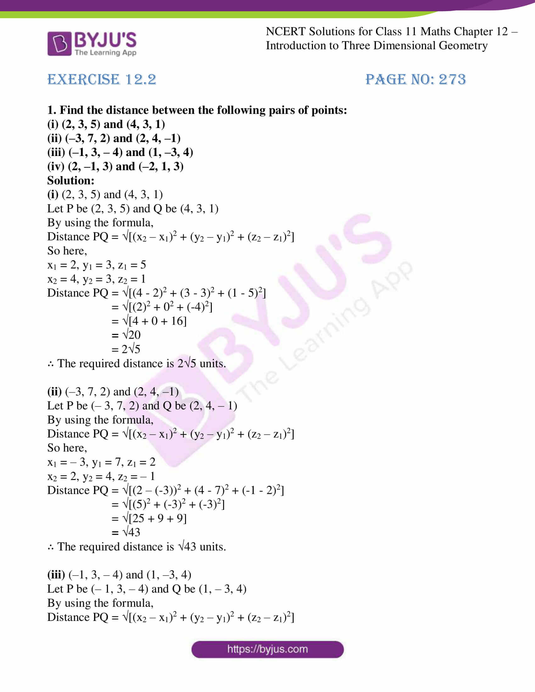 NCERT Solutions Class 11 Maths Chapter 12 Introduction to 3D Geometry ...