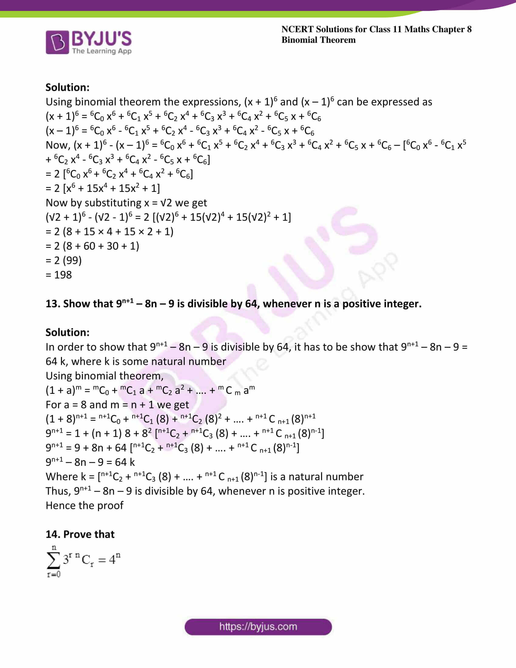 NCERT Solutions Class 11 Maths Chapter 8 Binomial Theorem - Free Download