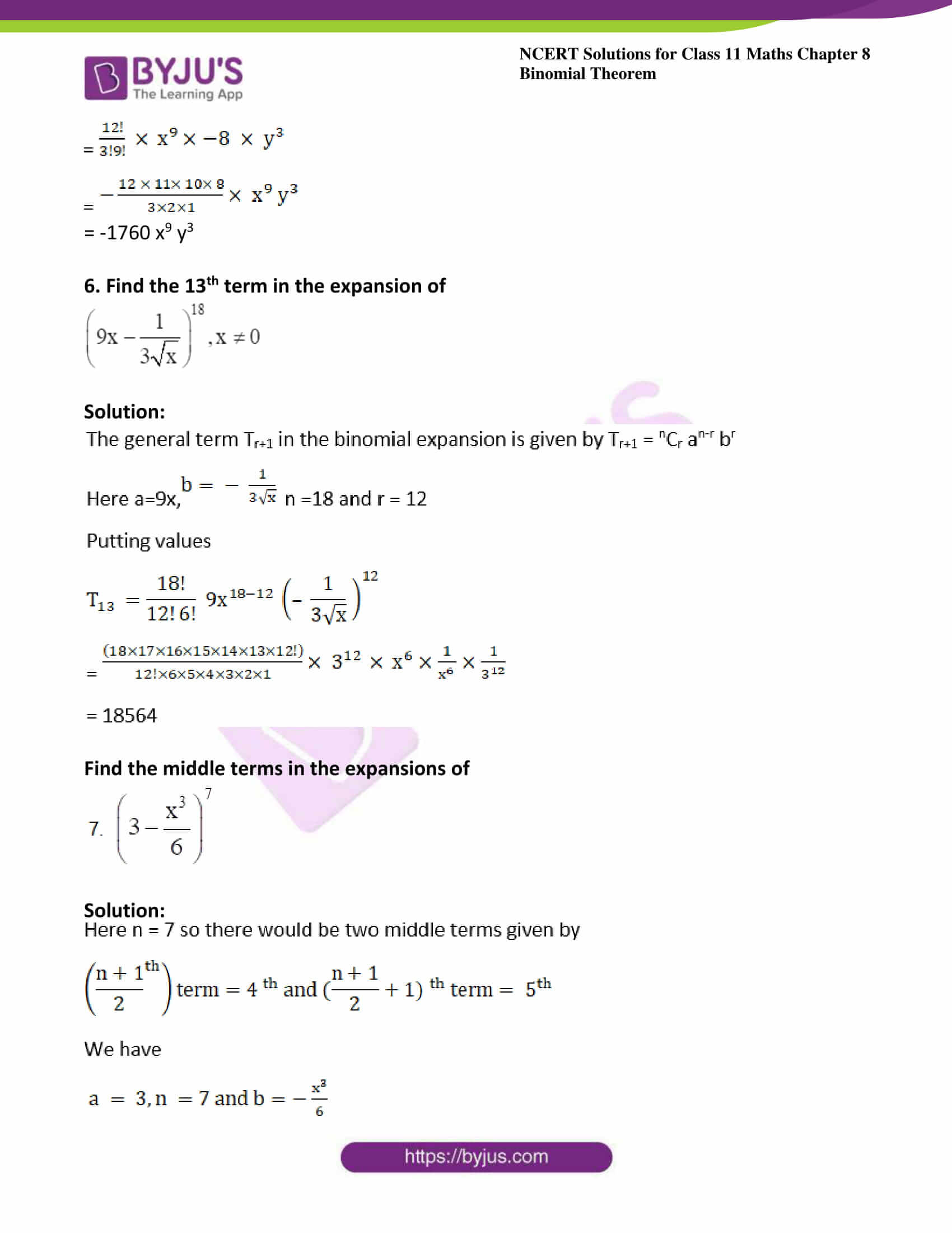 NCERT Solutions Class 11 Maths Chapter 8 Binomial Theorem - Free Download