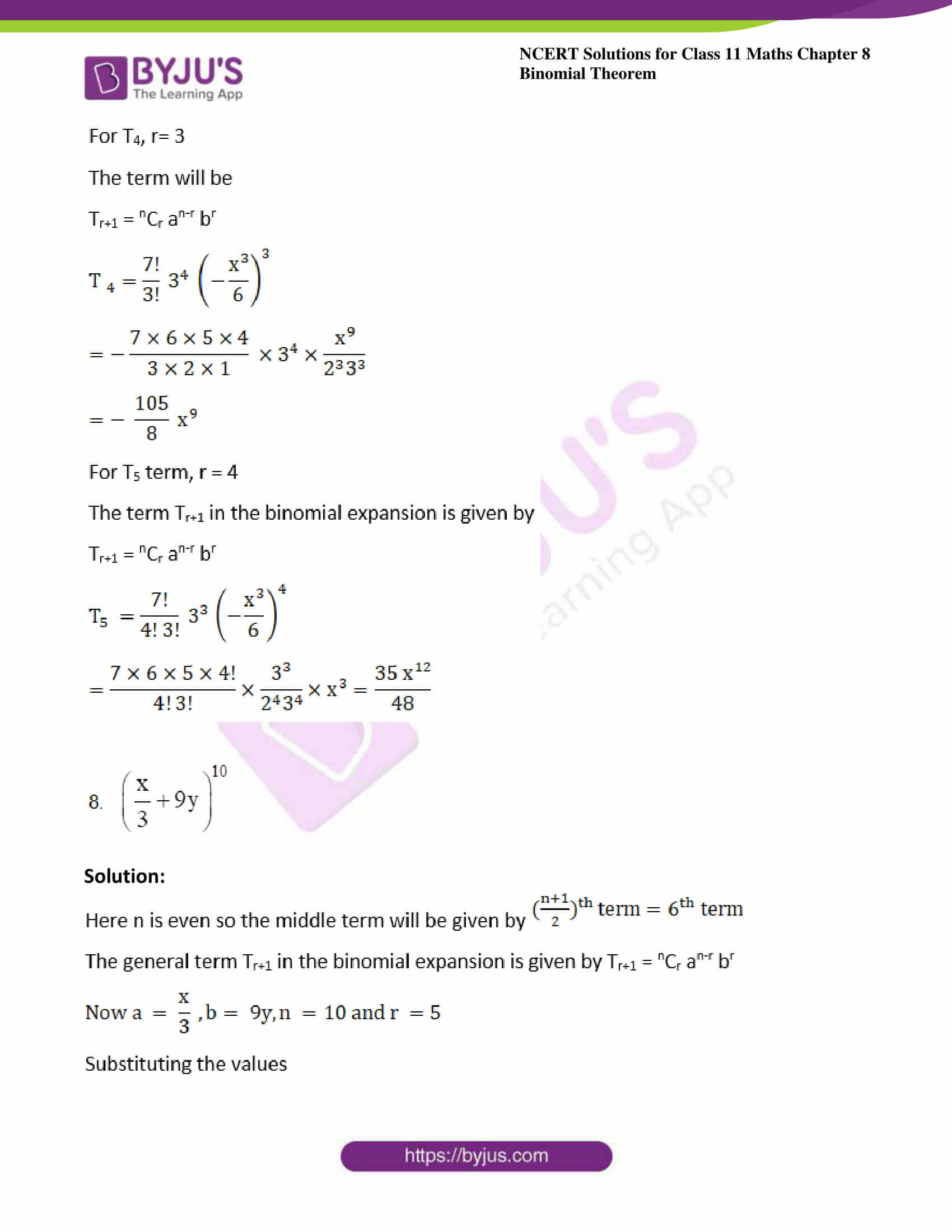 NCERT Solutions Class 11 Maths Chapter 8 Binomial Theorem - Free Download