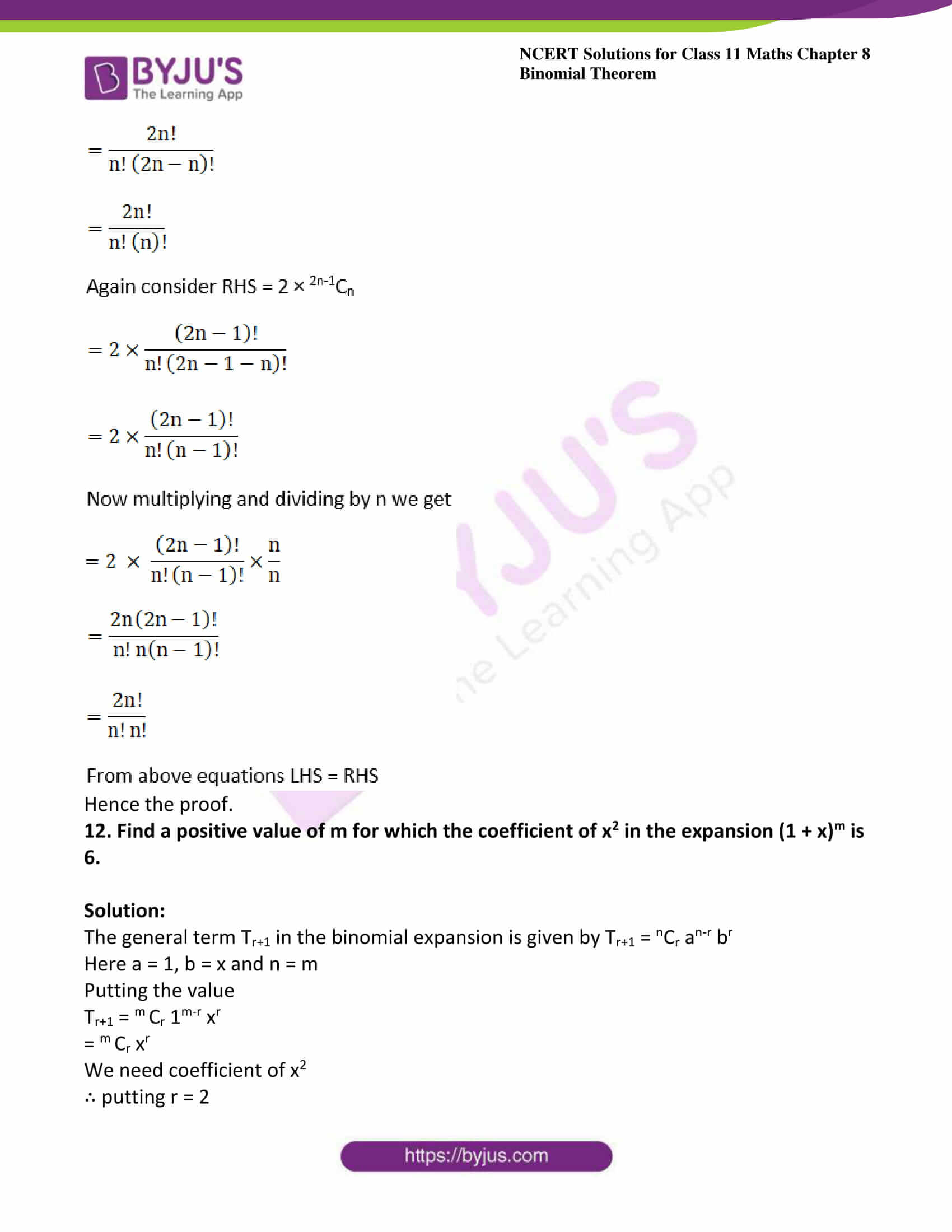 NCERT Solutions Class 11 Maths Chapter 8 Binomial Theorem - Free Download