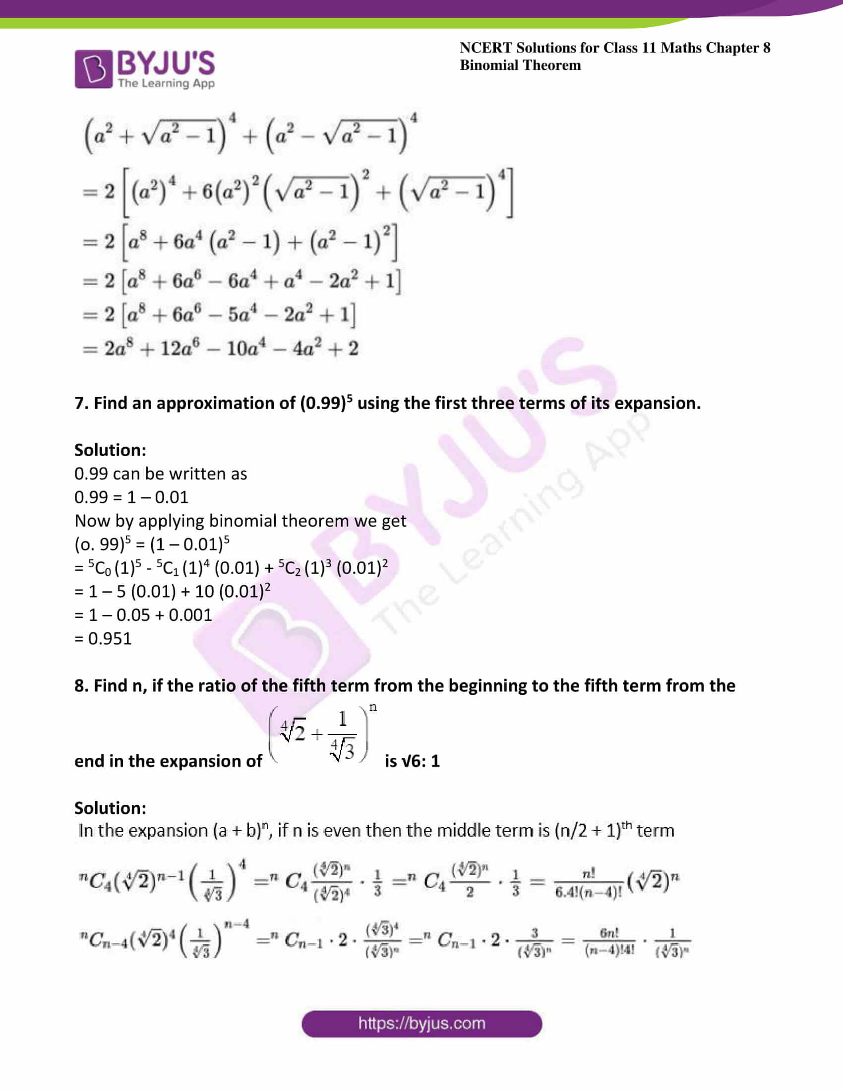 NCERT Solutions Class 11 Maths Chapter 8 Binomial Theorem - Free Download