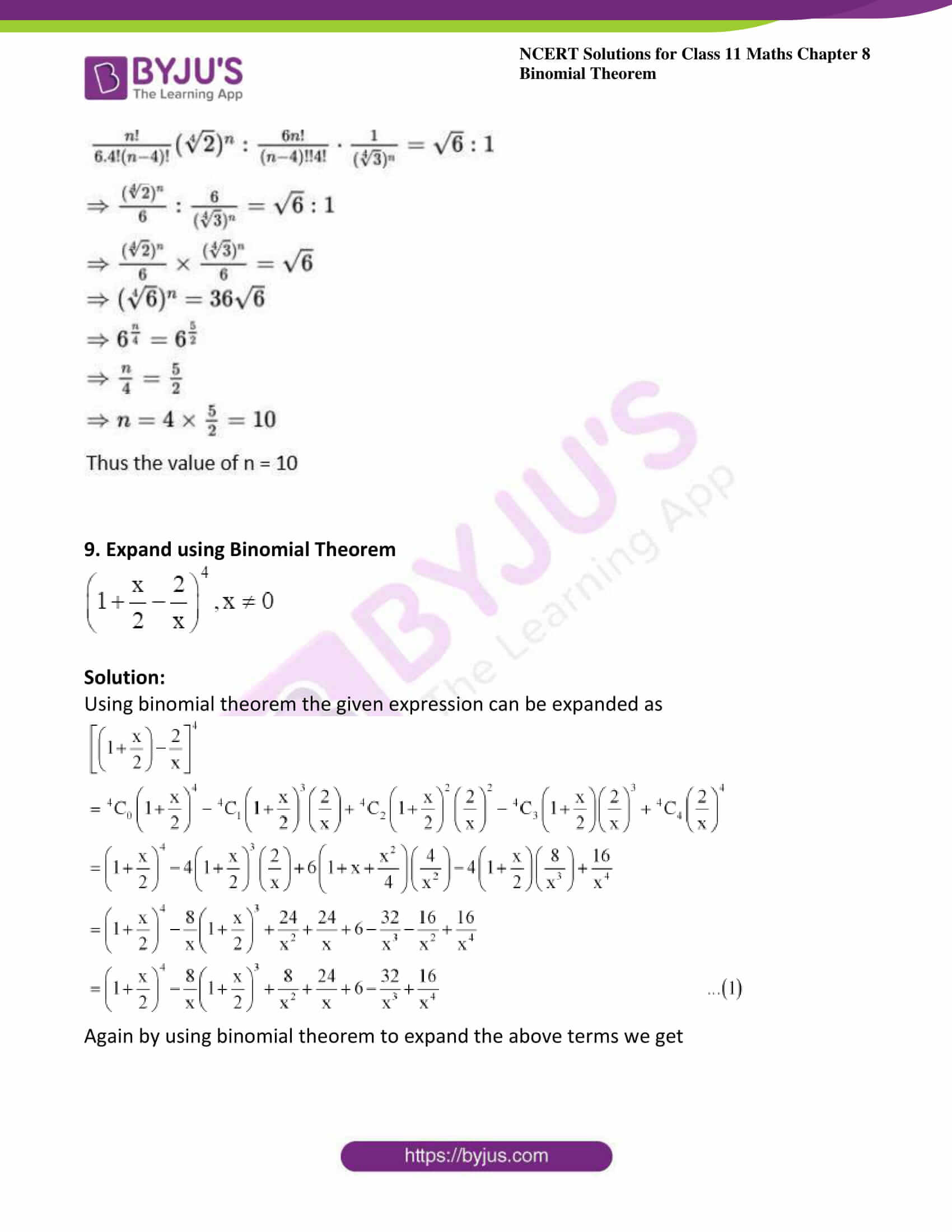 NCERT Solutions Class 11 Maths Chapter 8 Binomial Theorem - Free Download