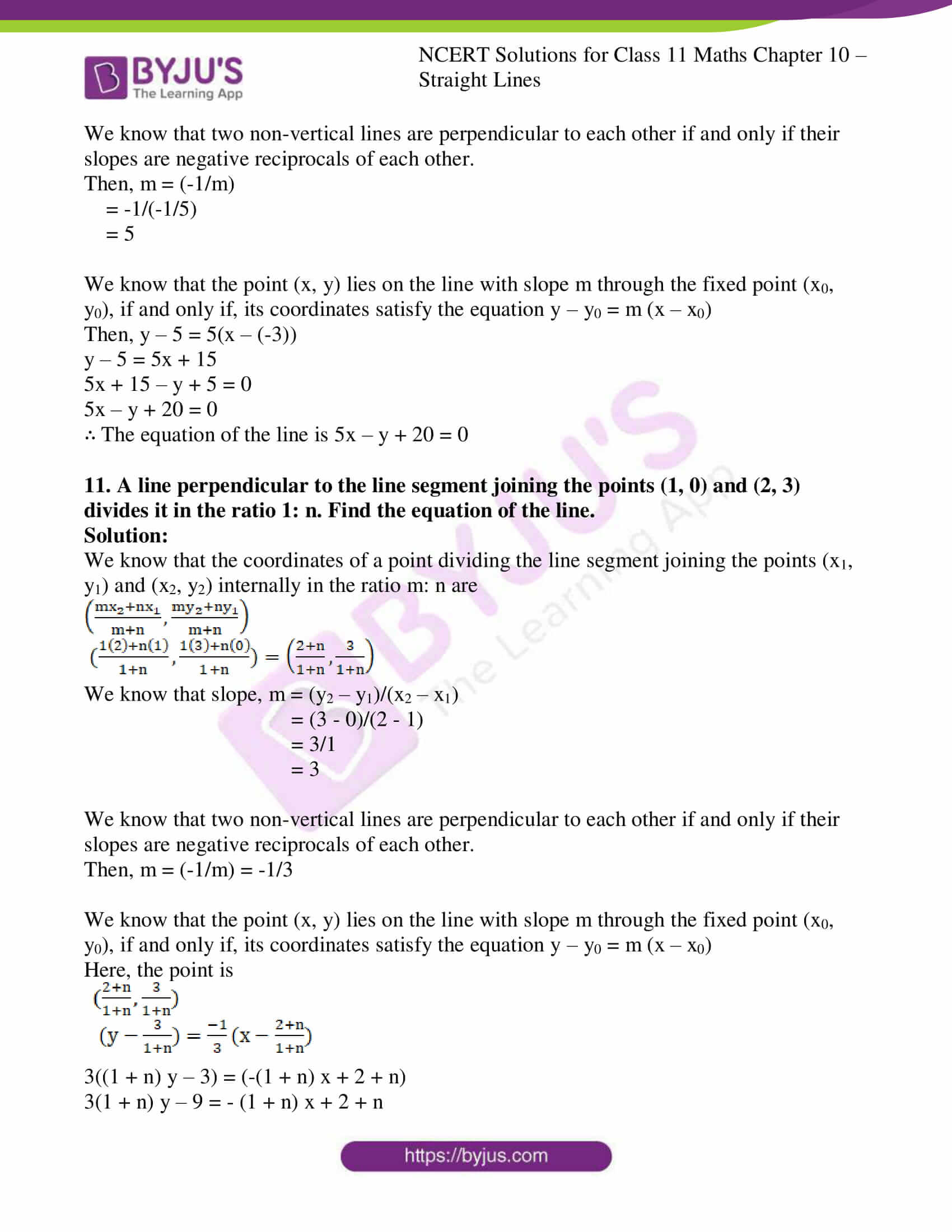 NCERT Solutions for Class 11 Maths Chapter 10 Straight Lines