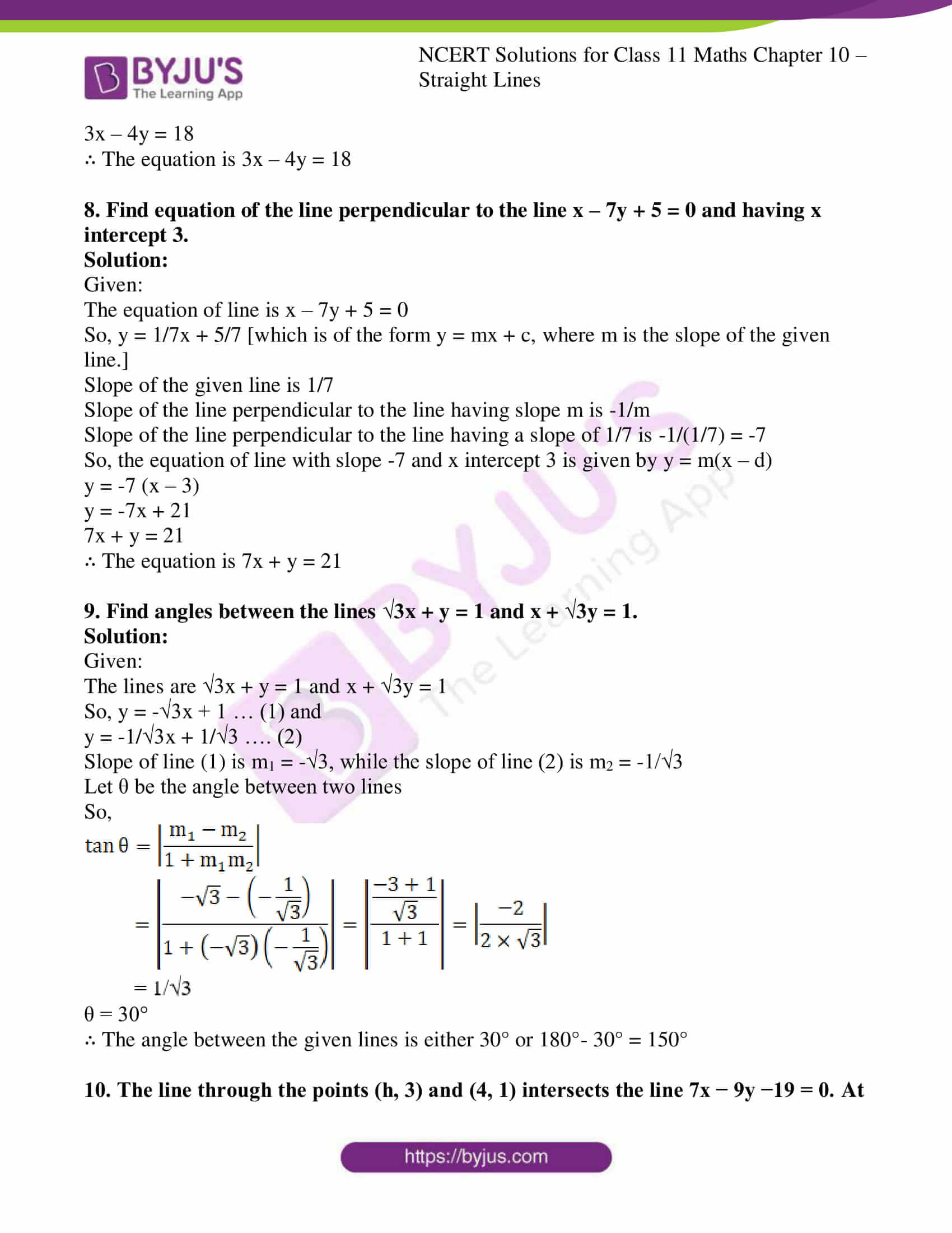 NCERT Solutions for Class 11 Maths Chapter 10 Straight Lines