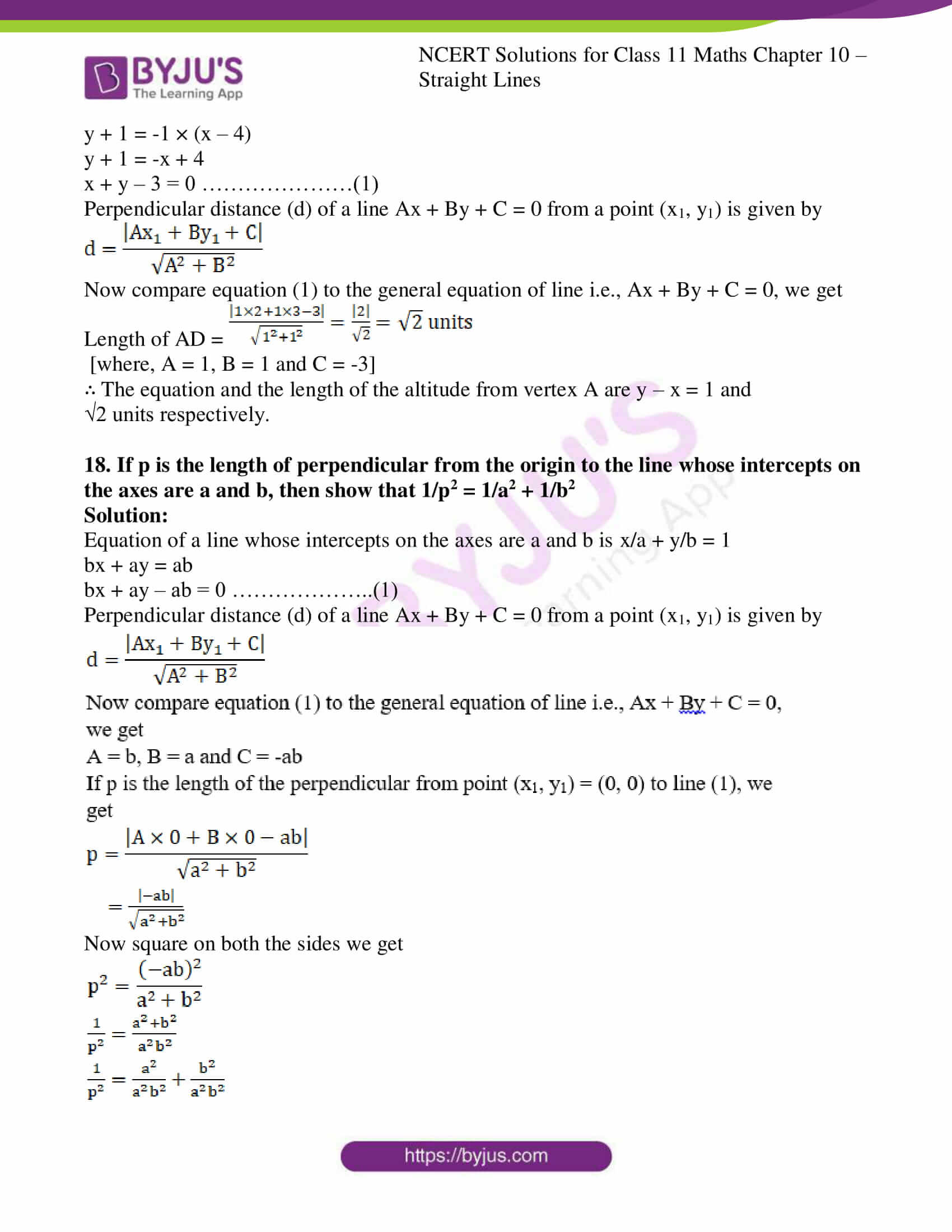 NCERT Solutions for Class 11 Maths Chapter 10 Straight Lines