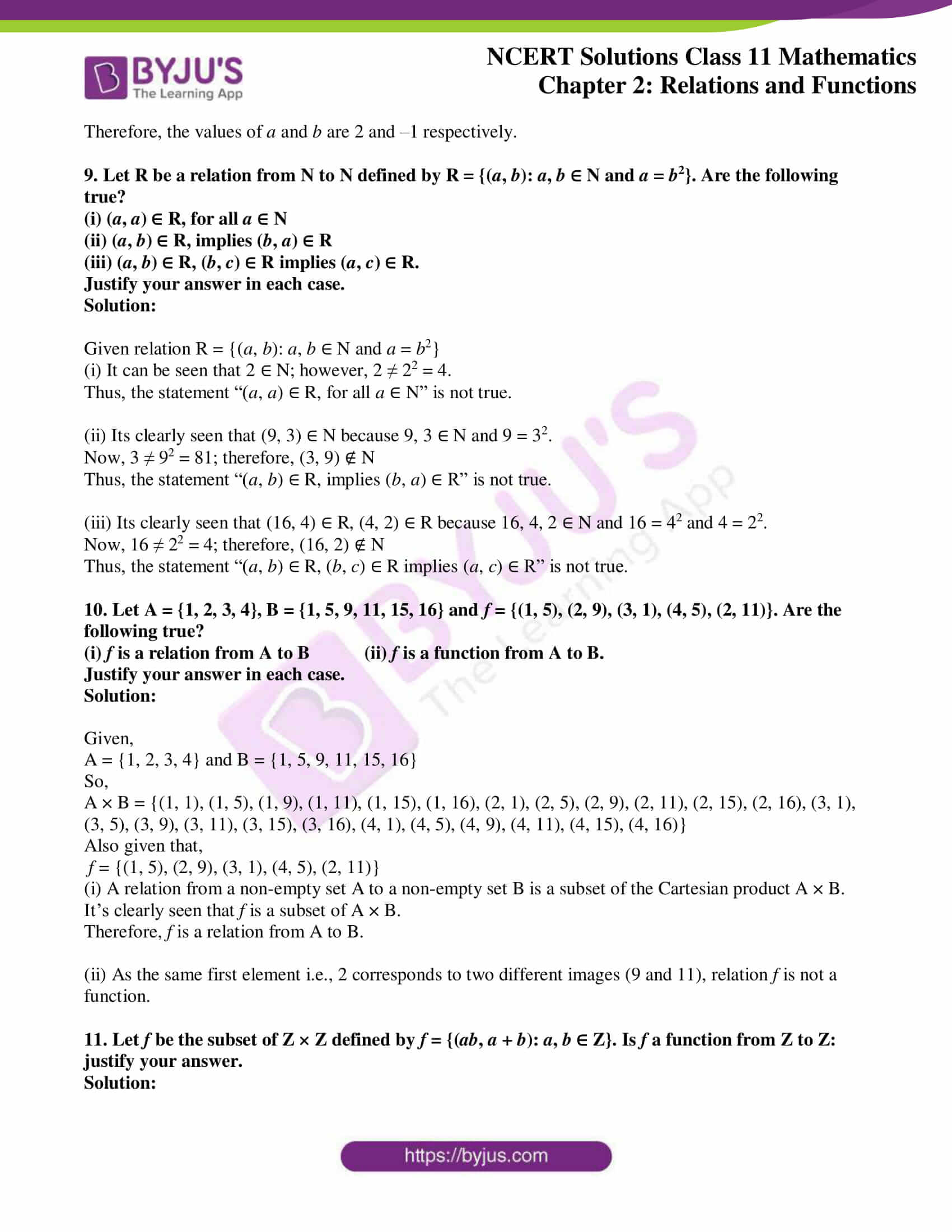 NCERT Solutions for Class 11 Maths Chapter 2 Relations and Functions
