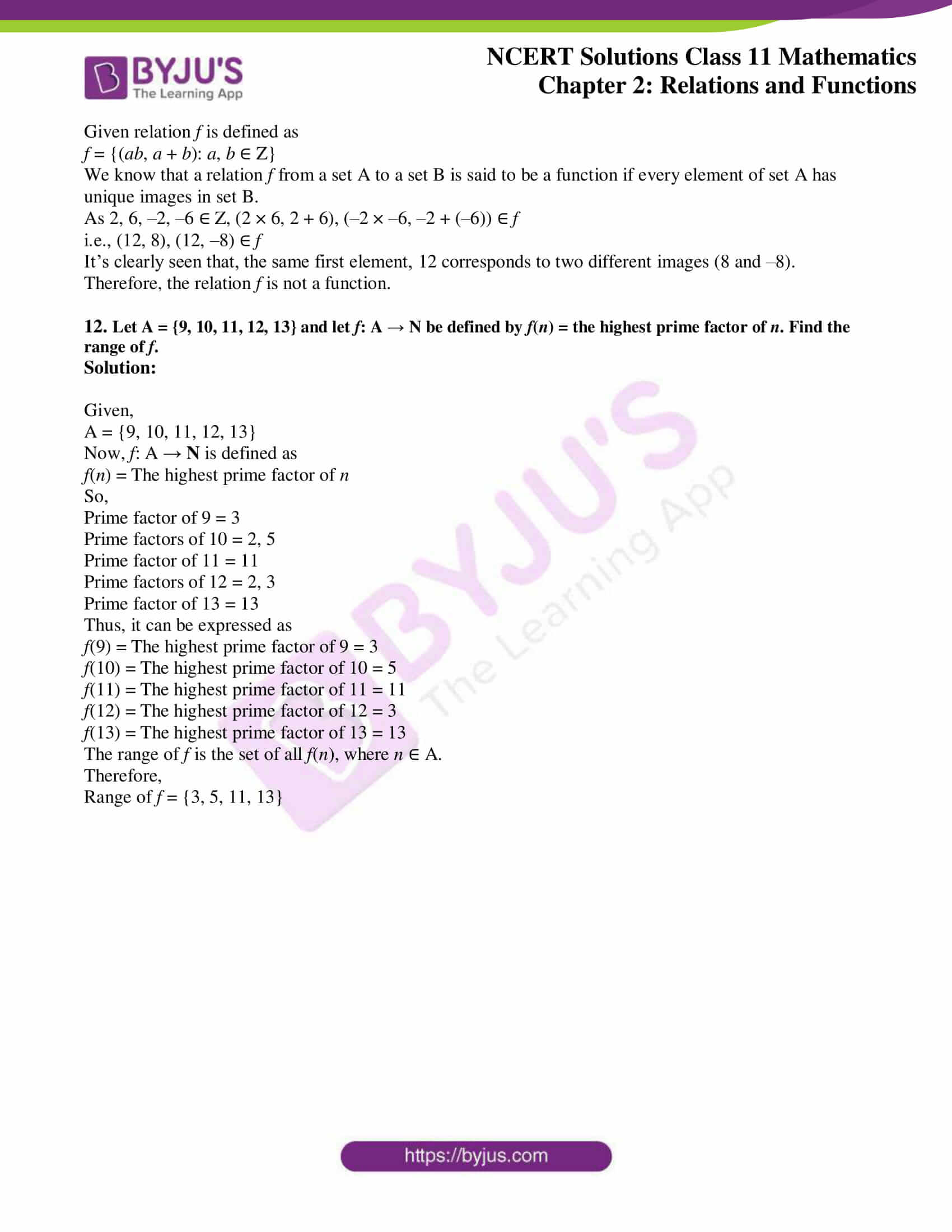 NCERT Solutions for Class 11 Maths Chapter 2 Relations and Functions