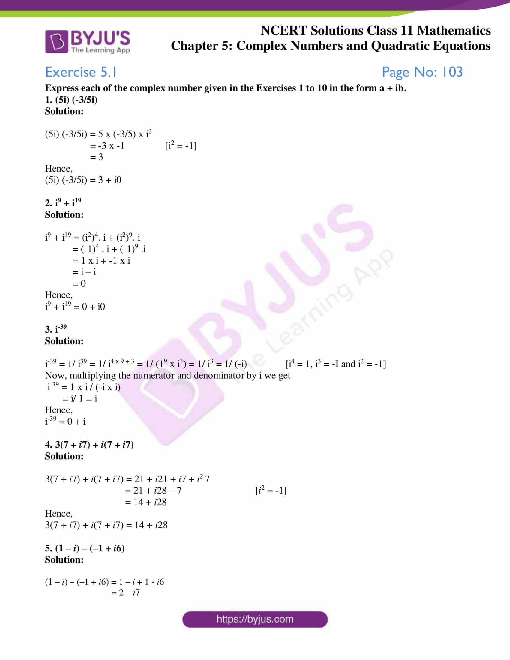 NCERT Solutions for Class 11 Maths Chapter 5 Complex Numbers and Quadratic Equations