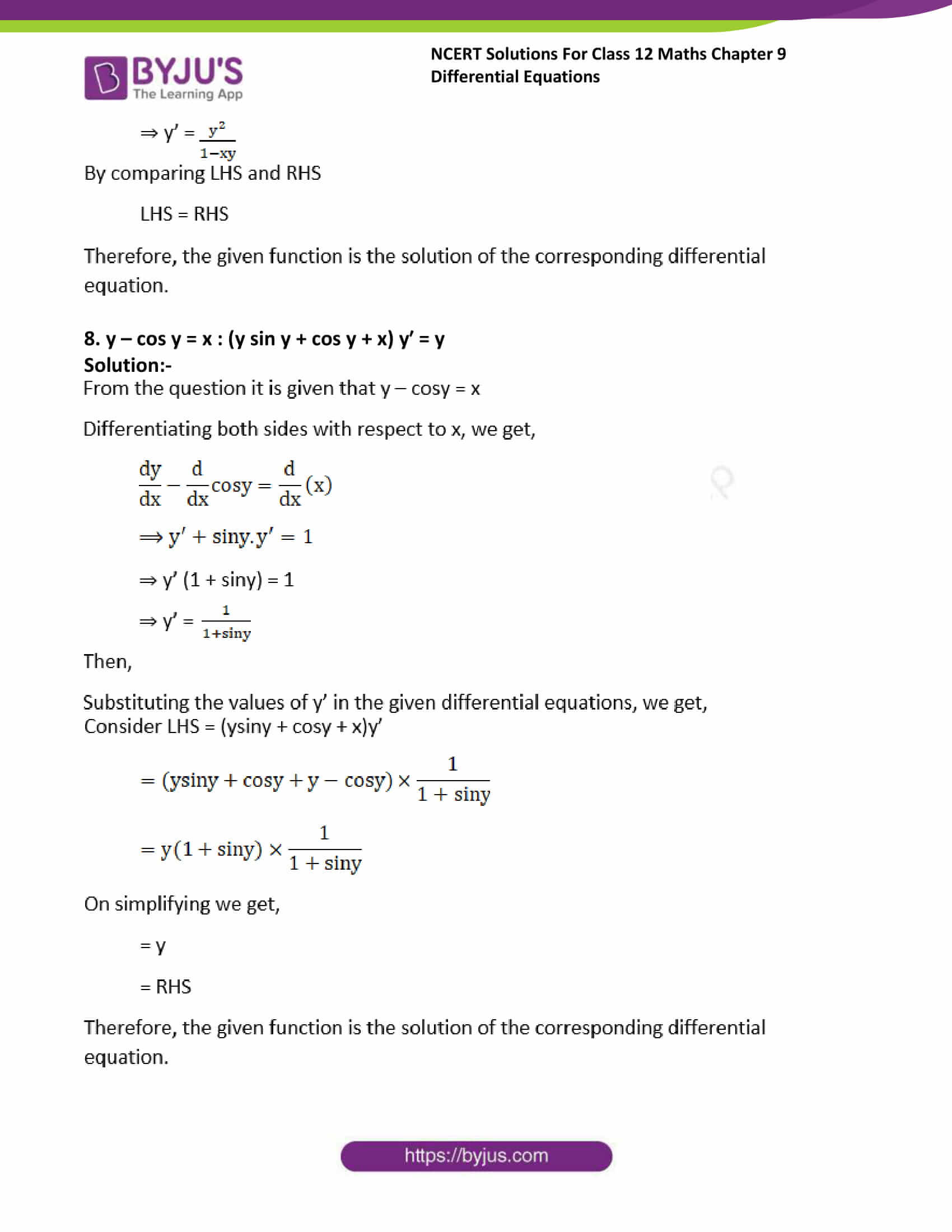 NCERT Solutions Class 12 Maths Chapter 9 Differential Equations