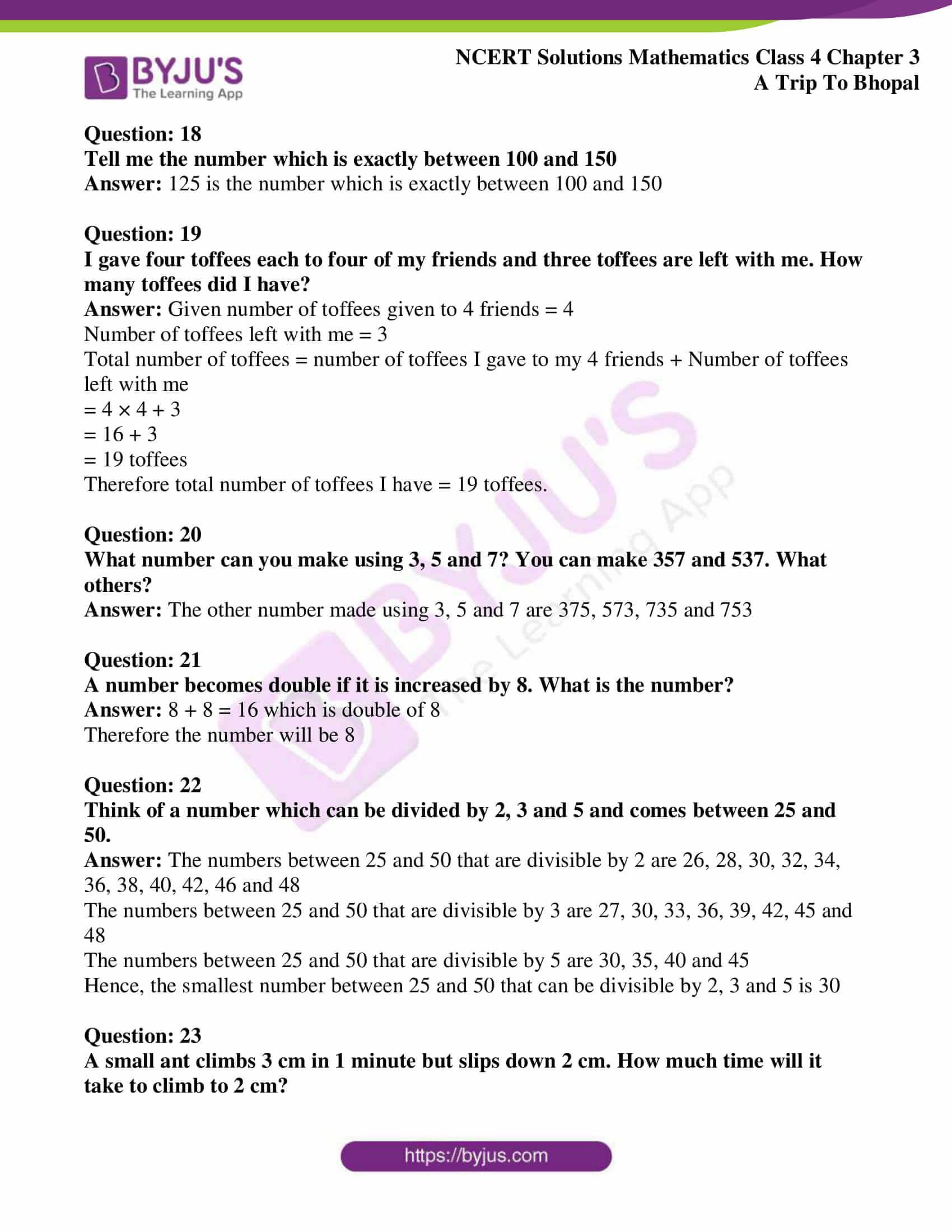 NCERT Solutions Class 4 Maths Chapter 3 A Trip to Bhopal Free PDF Download