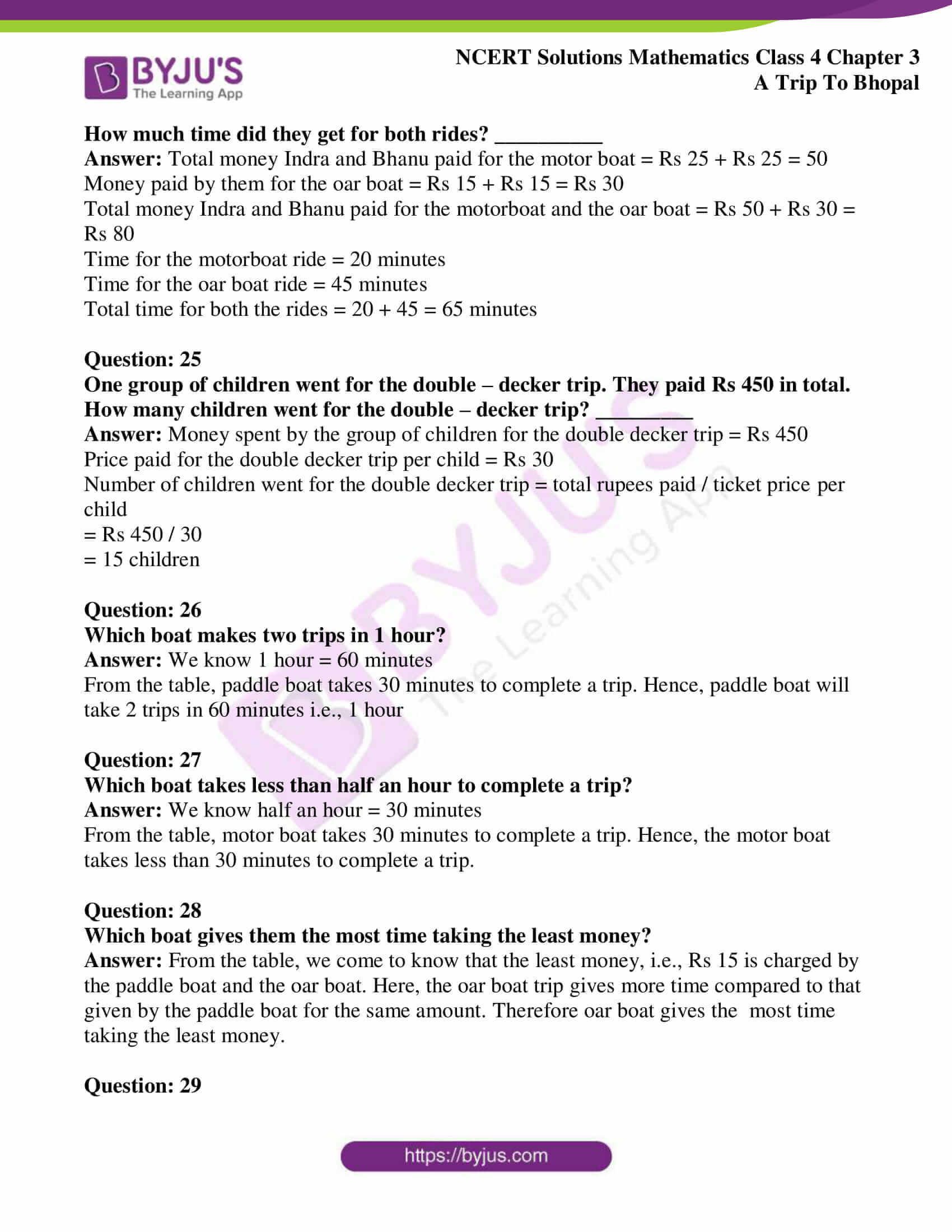 NCERT Solutions Class 4 Maths Chapter 3 A Trip to Bhopal Free PDF Download