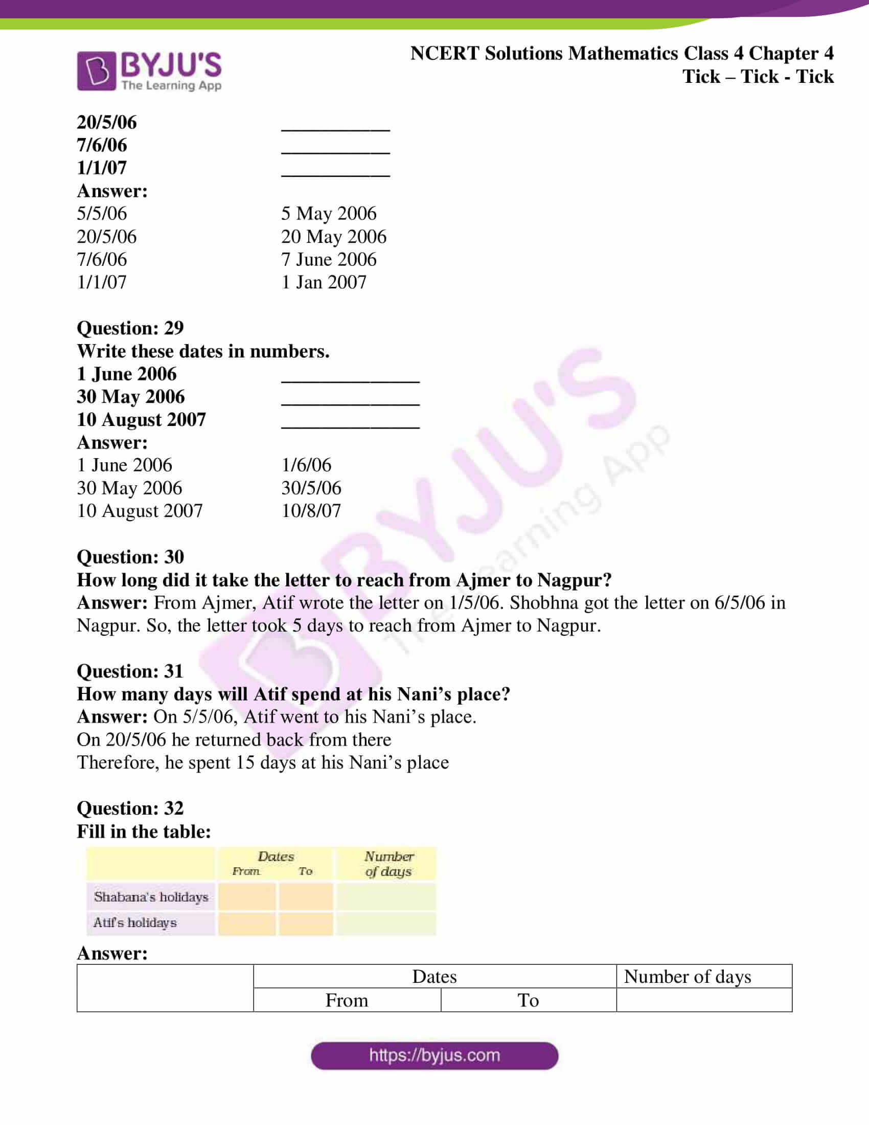 NCERT Solutions Class 4 Maths Chapter 4 Tick-Tick-Tick