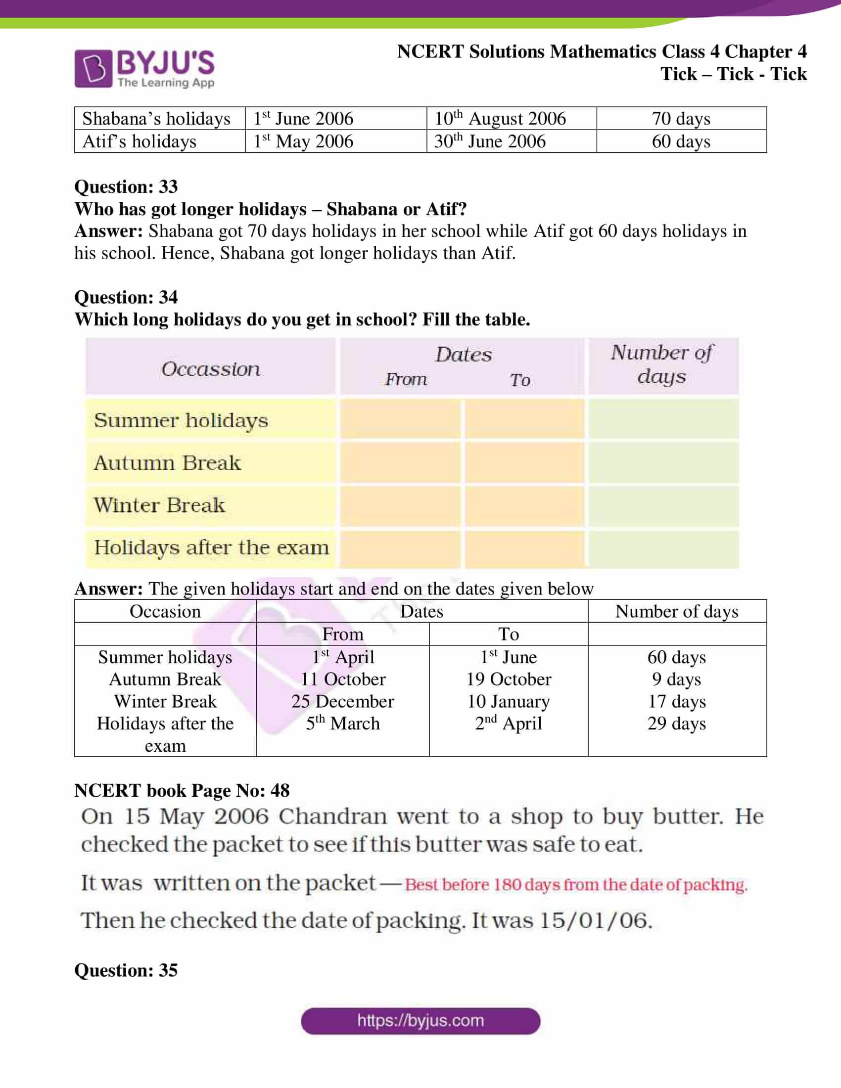 NCERT Solutions Class 4 Maths Chapter 4 Tick-Tick-Tick