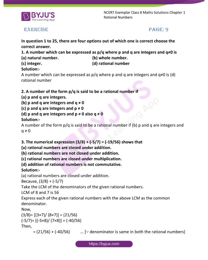 NCERT Exemplar Class 8 Maths Solutions Chapter 1 Rational Numbers