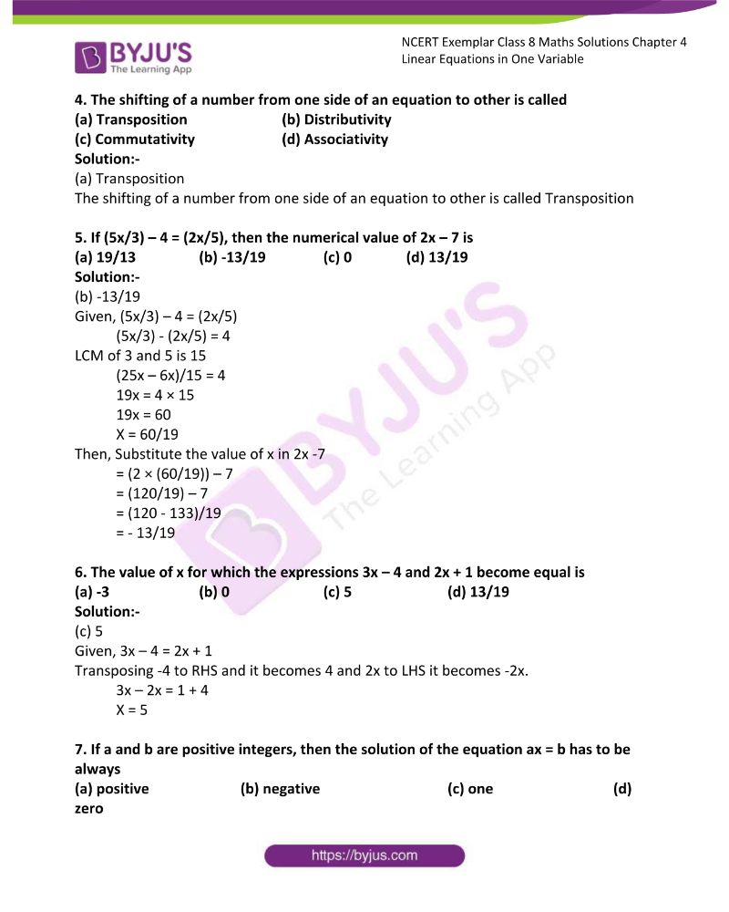 NCERT Exemplar Class 8 Maths Solutions Chapter 4 Linear Equations In