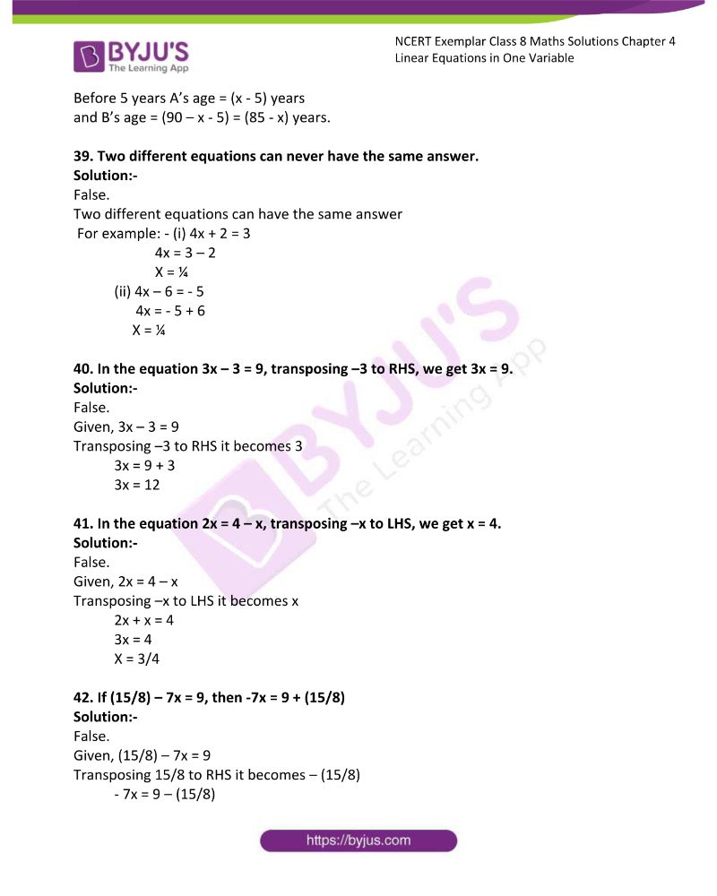 NCERT Exemplar Class 8 Maths Solutions Chapter 4 Linear Equations In NCERT Exemplar Class 8 Maths Solutions Chapter 4 Linear Equations In