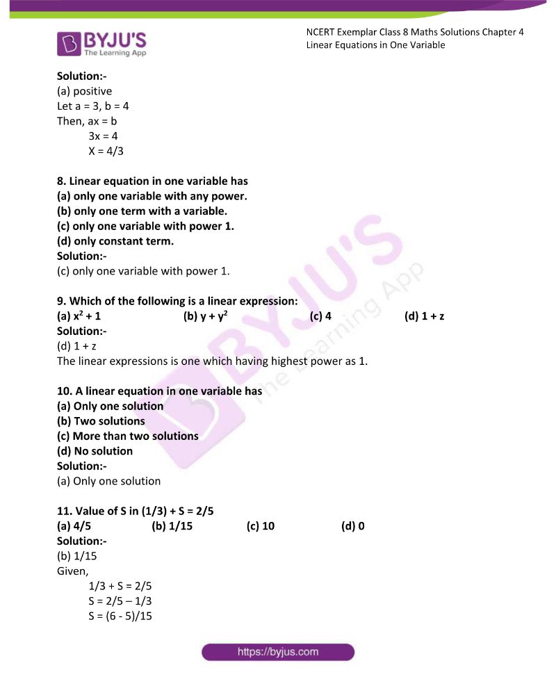 NCERT Exemplar Class 8 Maths Solutions Chapter 4 Linear Equations In